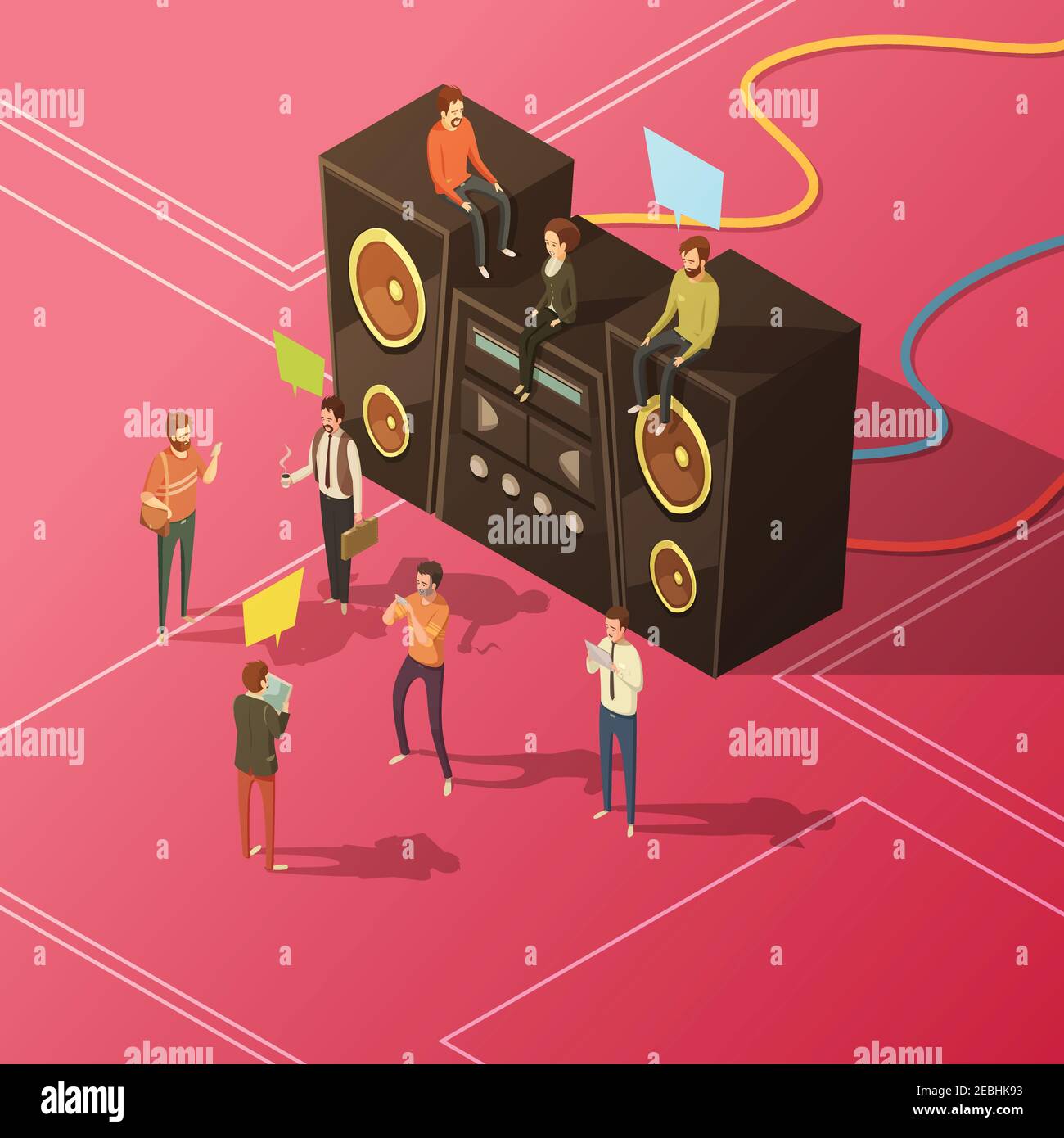 Isometric design concept with big image of music center and group of ...