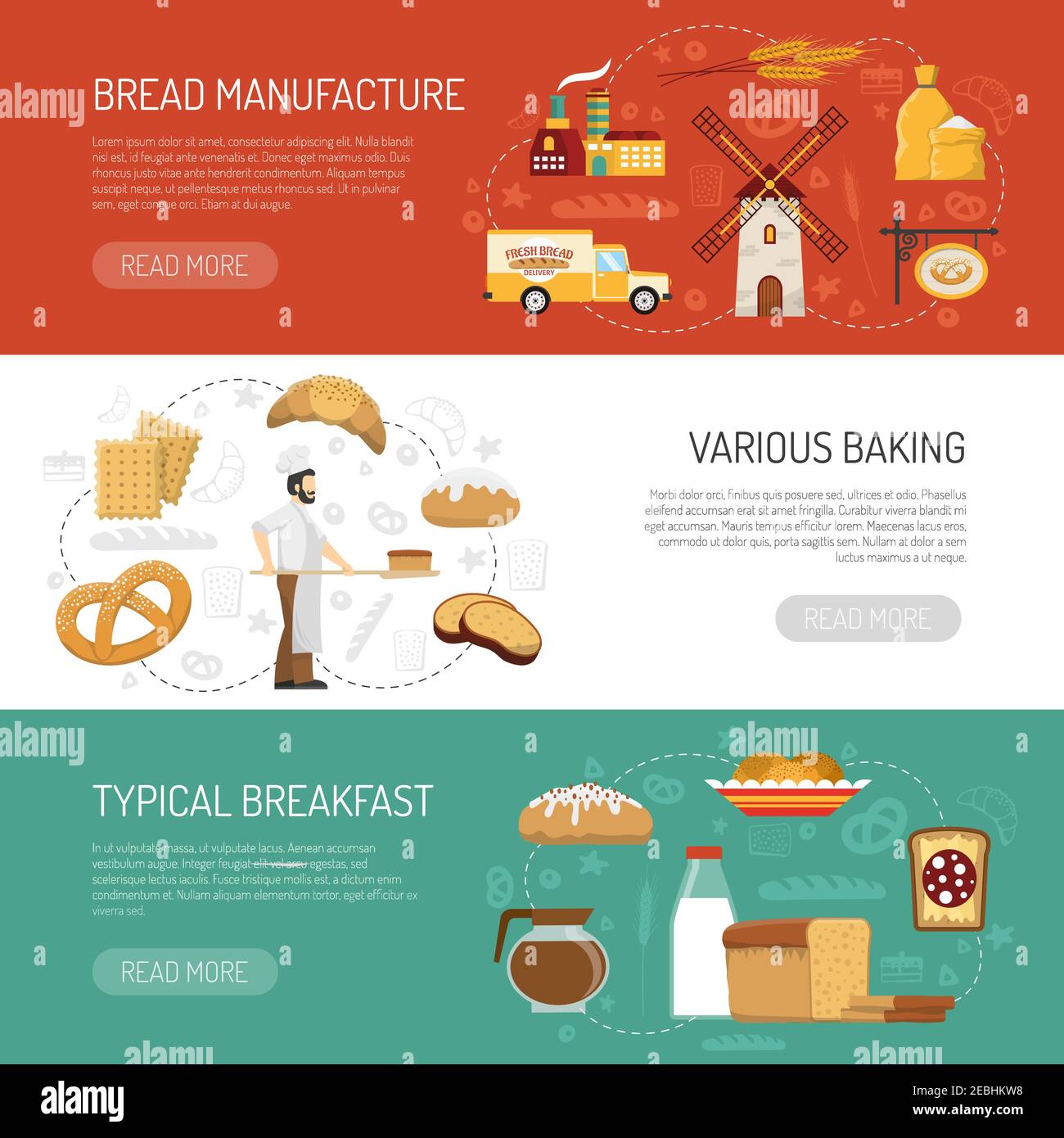 Horizontal bakery banners presenting bread manufacture process and ...