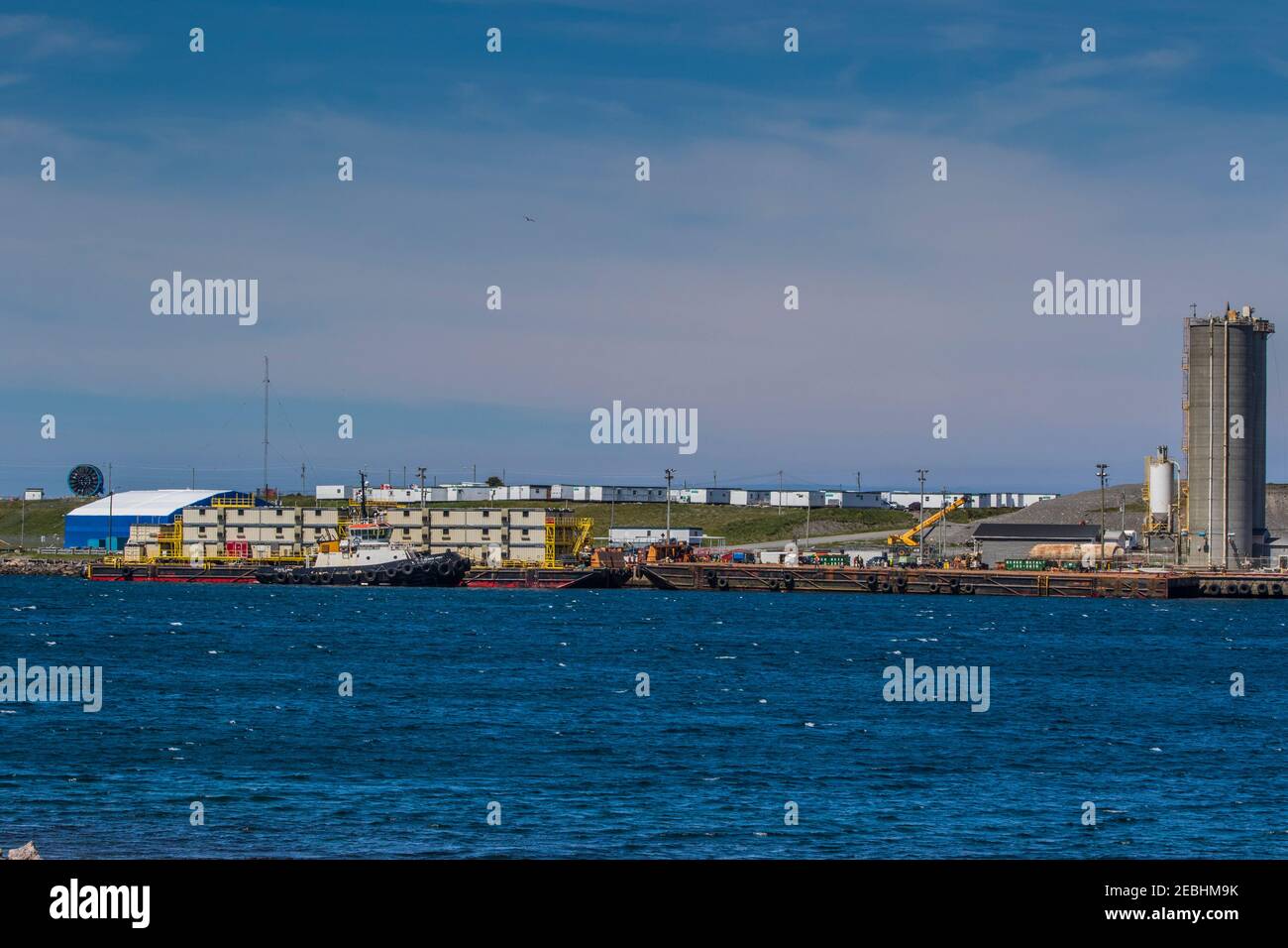 silo, buildings, and tug boat, Argentia, Newfoundland, Canada Stock ...