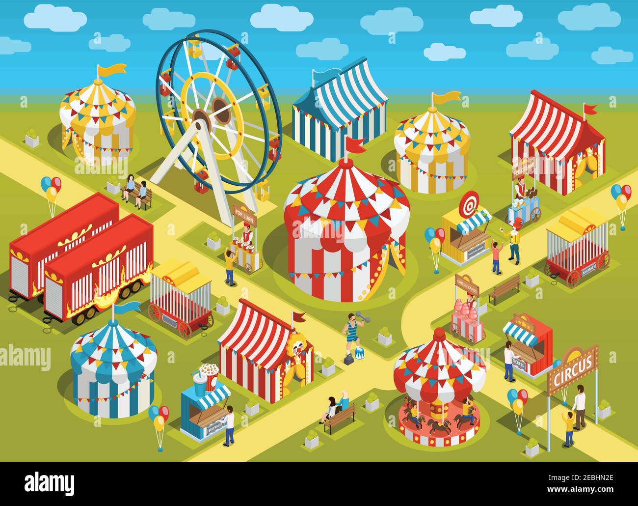 Amusement park travel circus attractions colorful isometric poster with ...