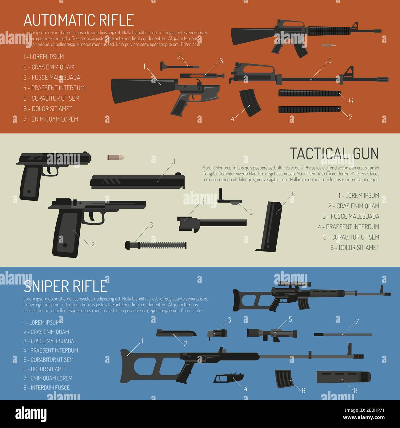 Flat horizontal weapon banners presenting description of rifles gun and ...