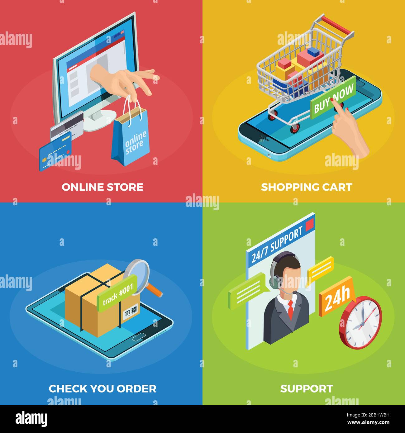 Online store 4 isometric icons square poster with shopping cart and ...