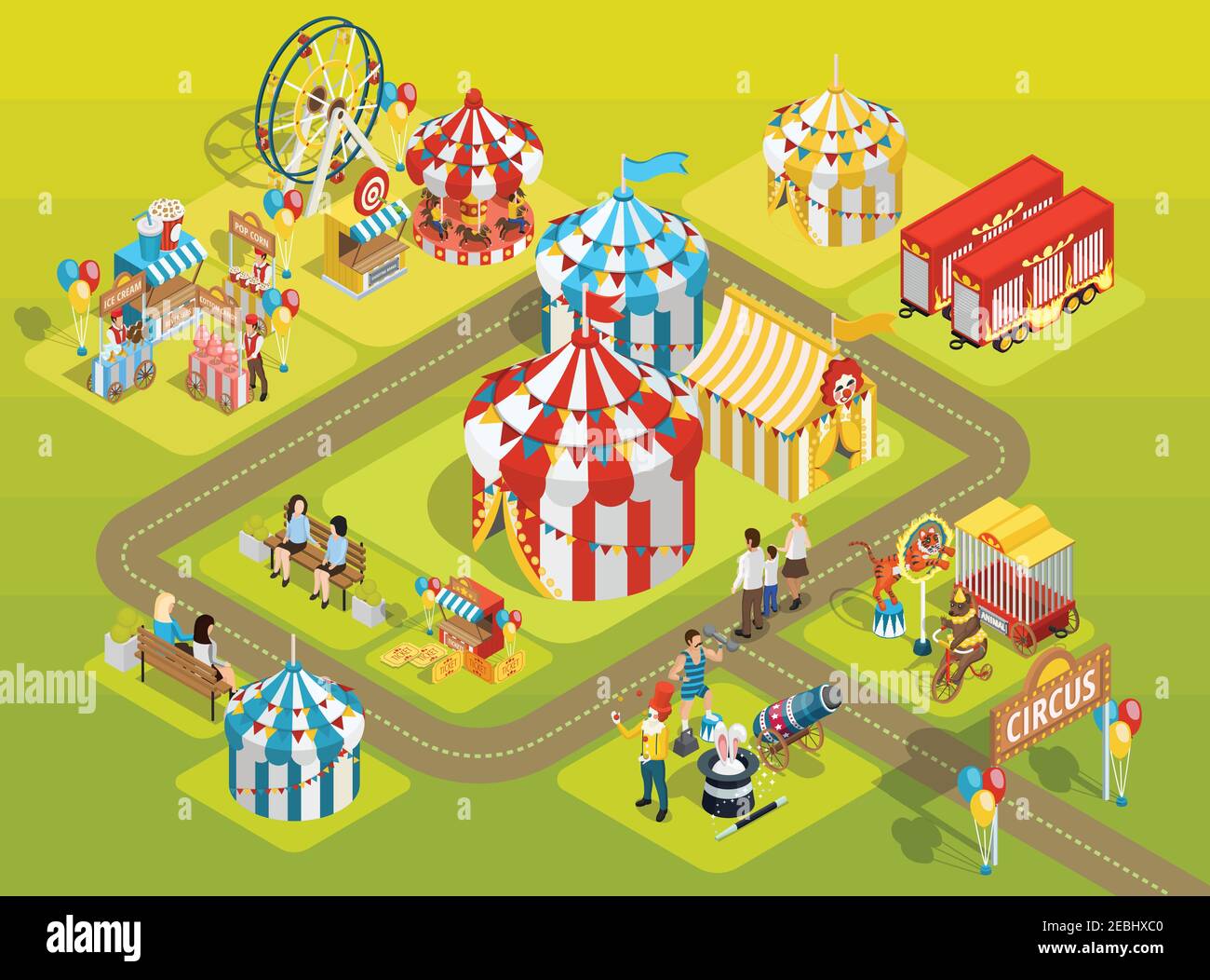 Travel circus attractions isometric composition amusement park schema ...
