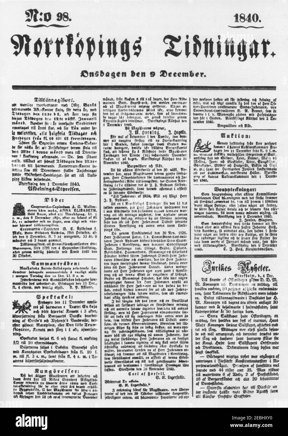 Norrköpings Tidningar in 1840 Stock Photo - Alamy