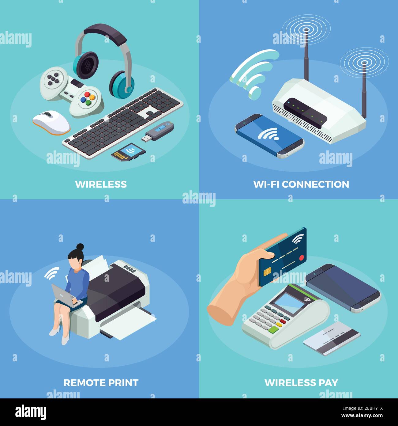 Modern wireless internet connection technology 4 isometric icons square ...