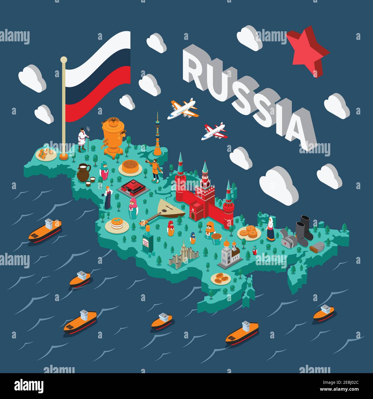Russia isometric touristic map with various russian culture symbols ...