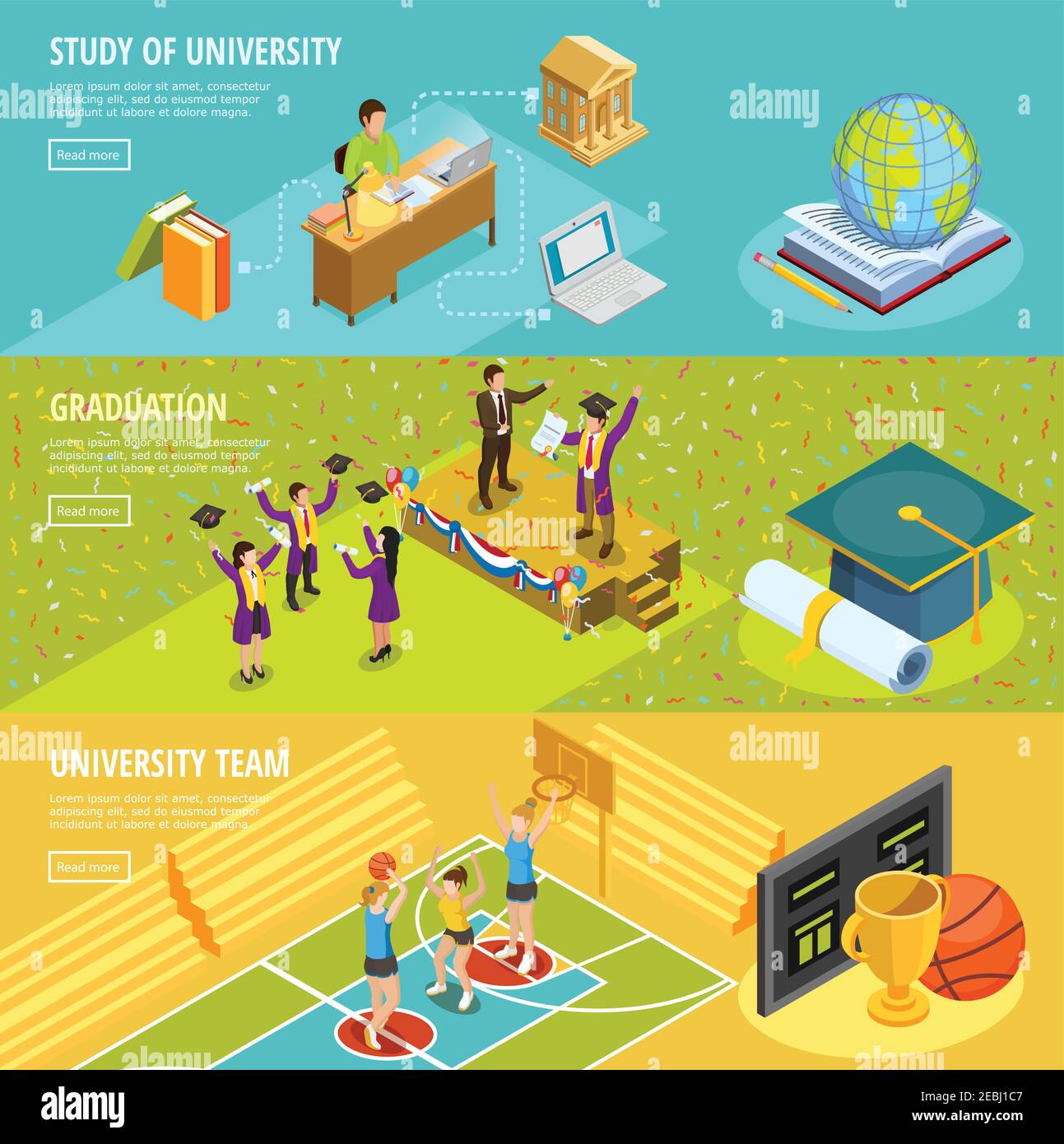 University education 3 horizontal isometric banners with information on ...