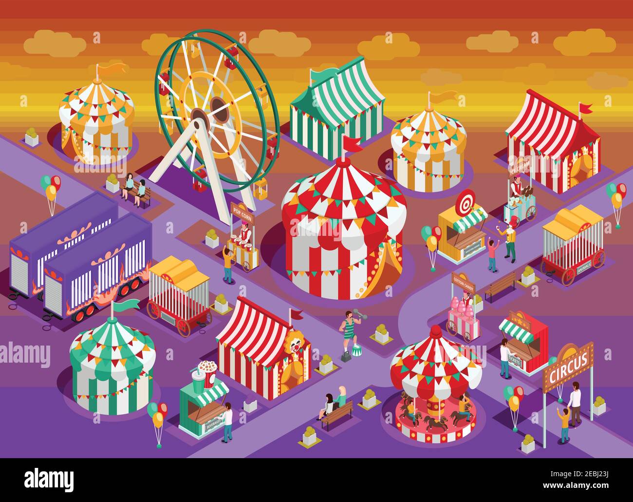 Amusement park circus attractions isometric poster with classic striped ...