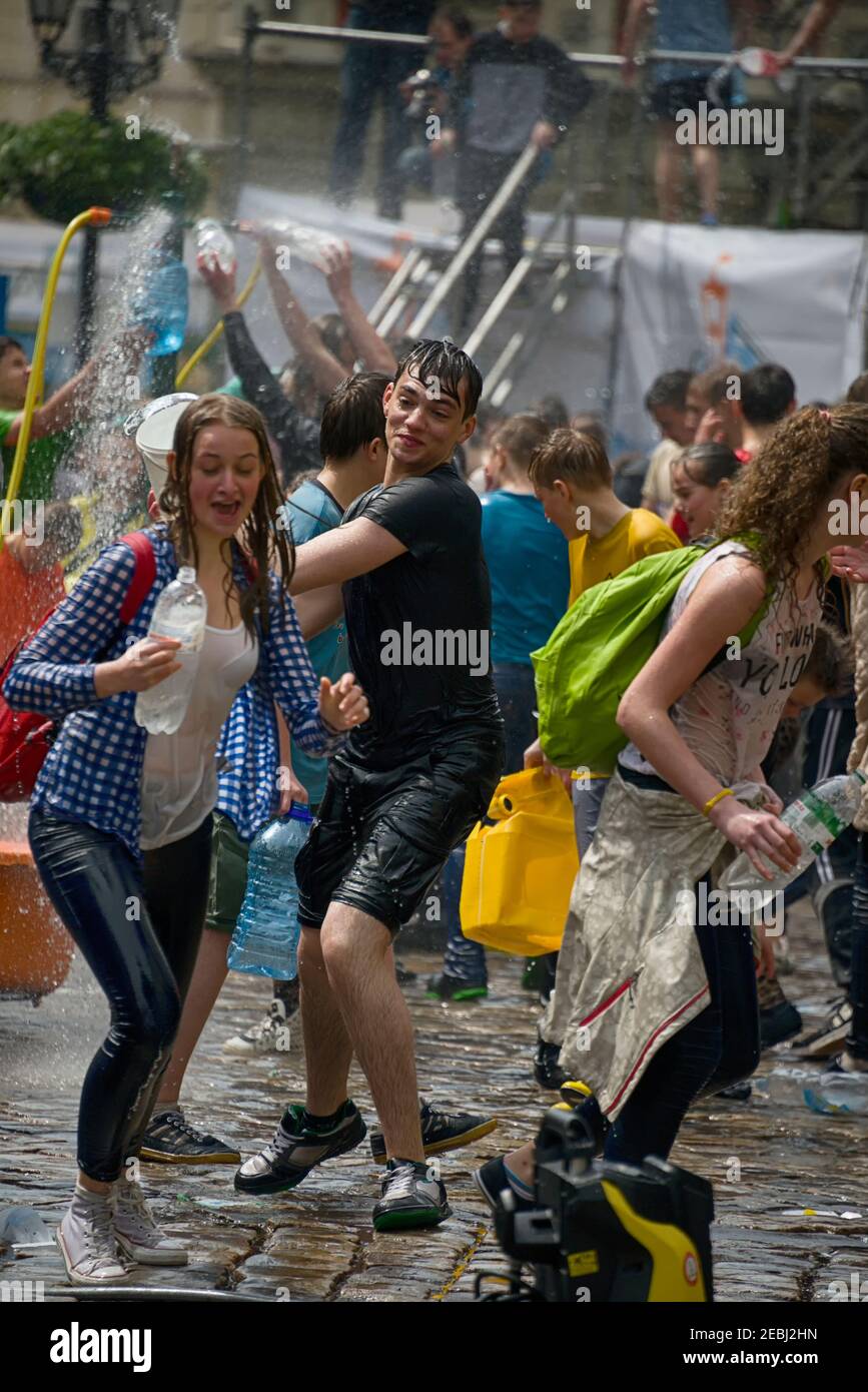 Lviv, Ukraine - May 2, 2016: Celebration pouring water on Monday after ...