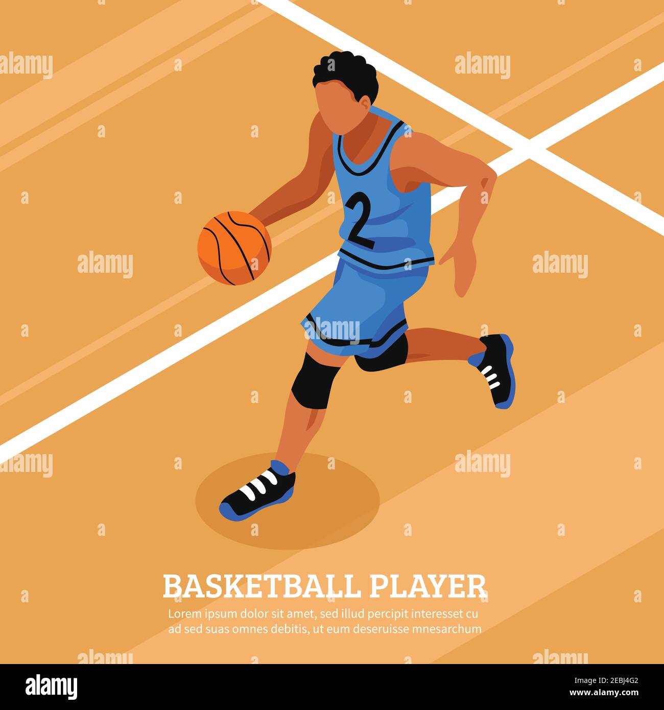 Sport isometric template with running and dribble basketball player on ...
