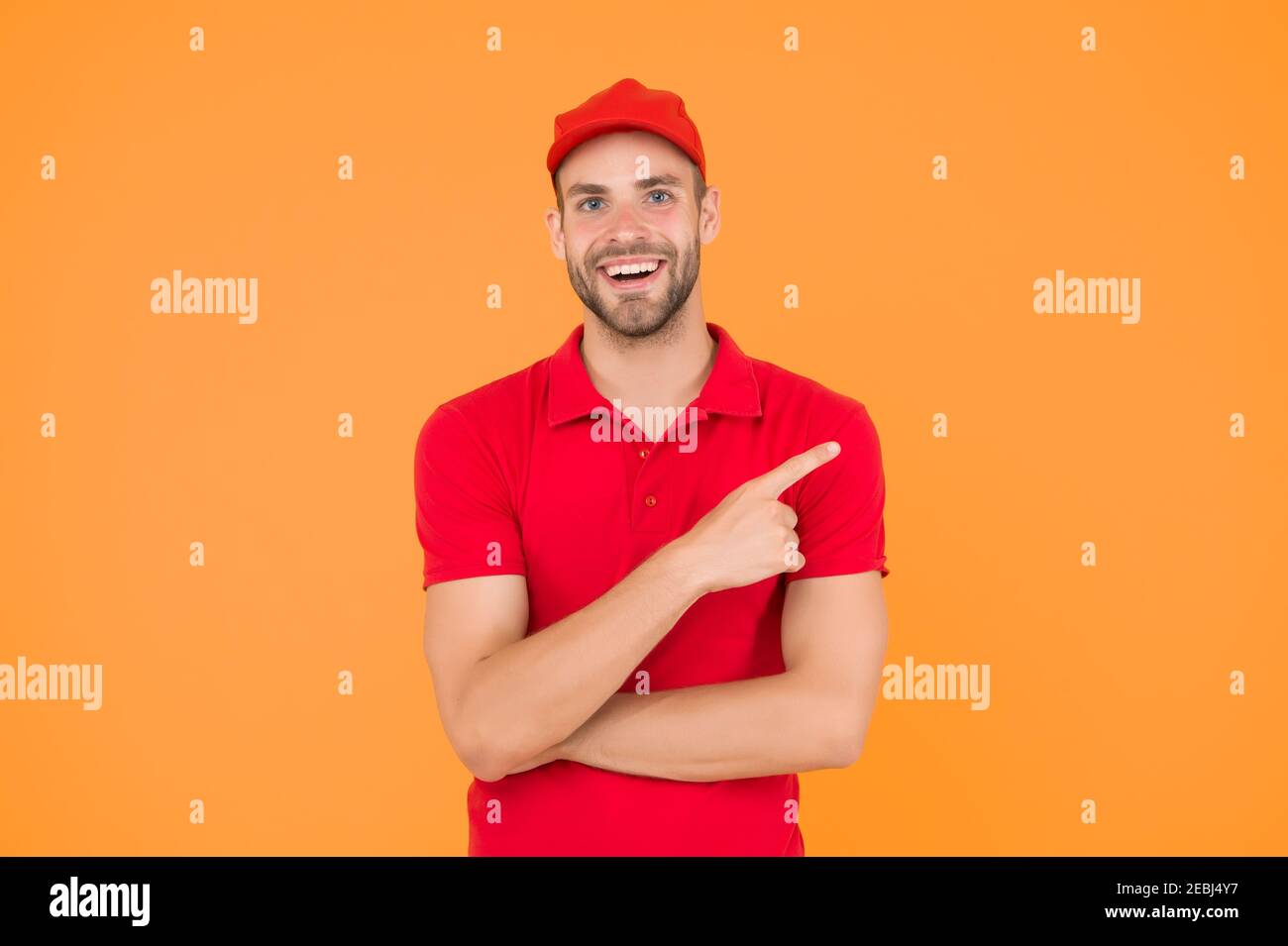 Special offer copy space. Shop worker. Handsome guy cashier. Staff ...