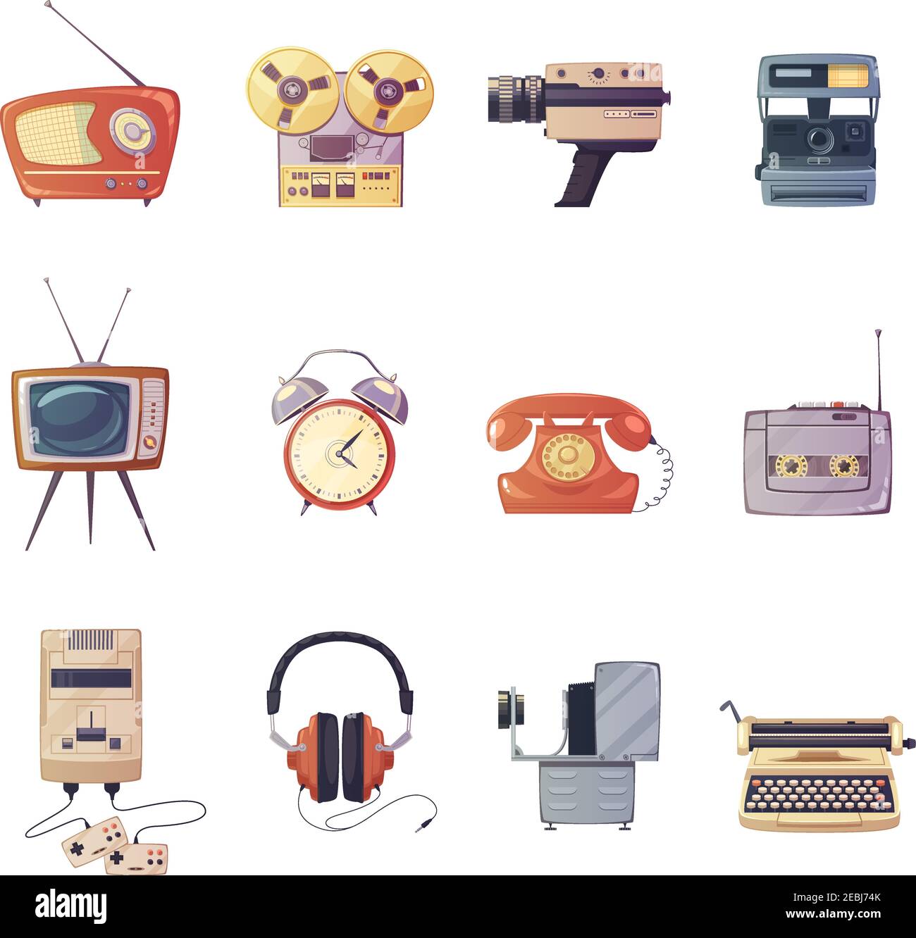 Retro media gadgets cartoon set of colorful entertainment technologic ...