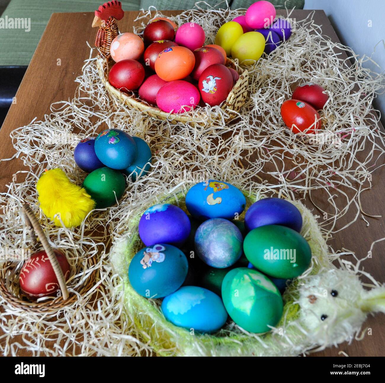 Unique hand painted Easter eggs in basket. Traditional decoration for ...