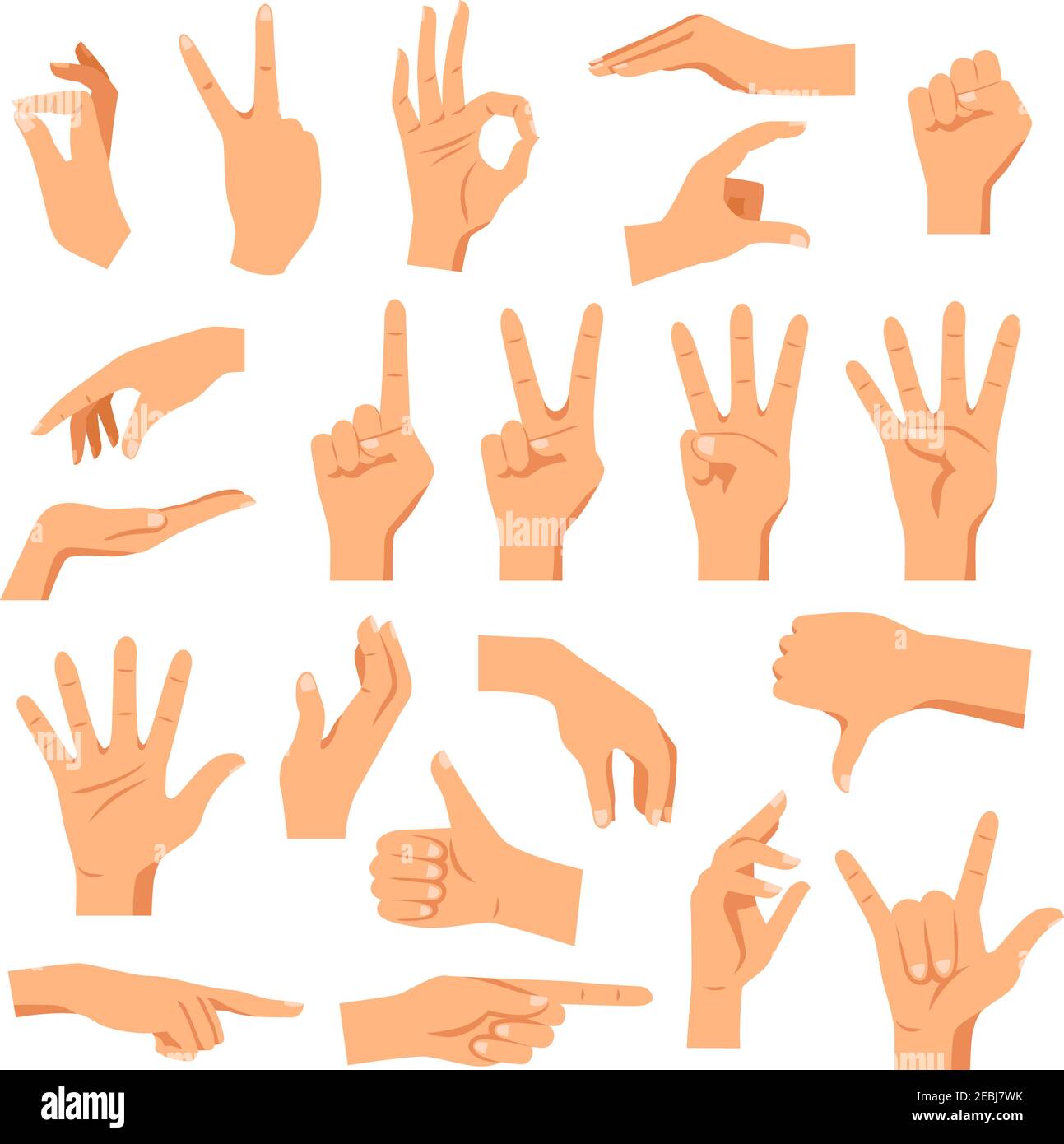 Set of hands in different gestures emotions and signs on white ...
