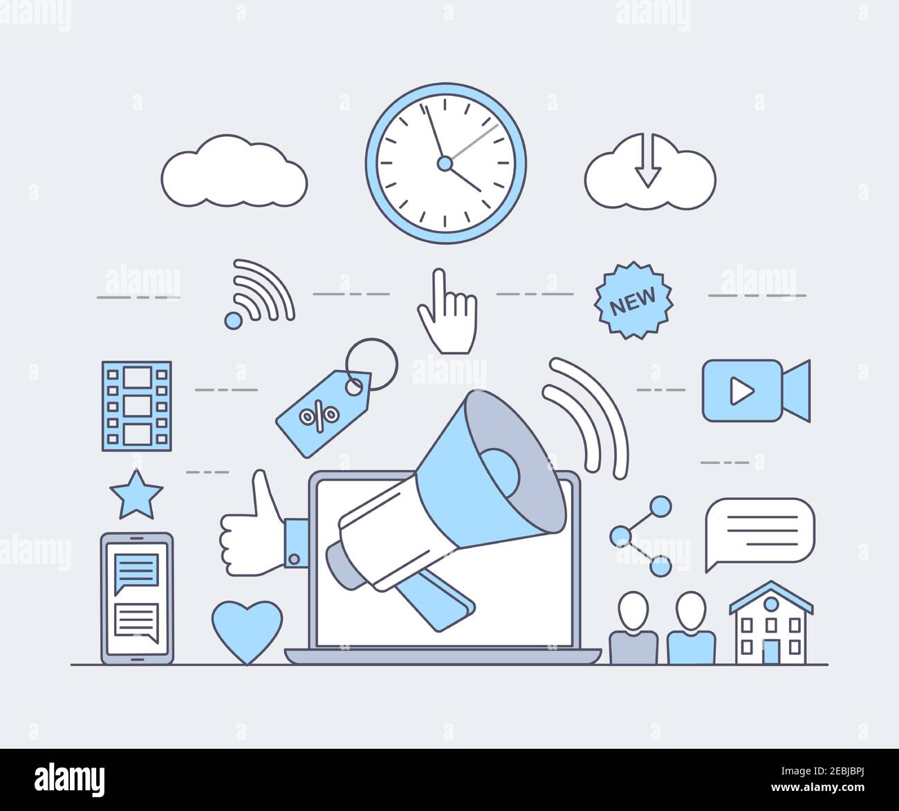 Social media and internet cartoon outline concept. Online communication ...