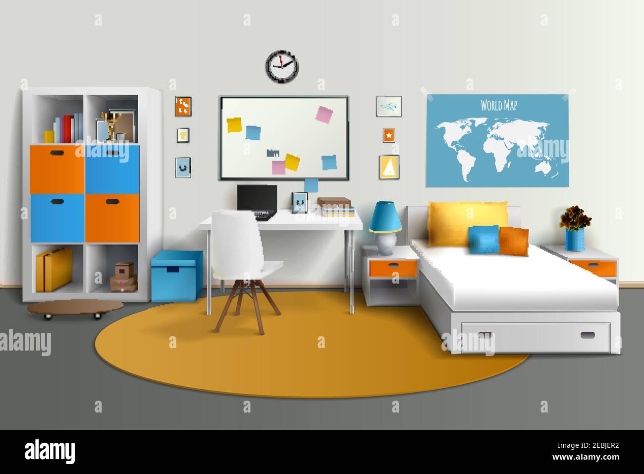 Young teenager room interior design with bed computer table and ...