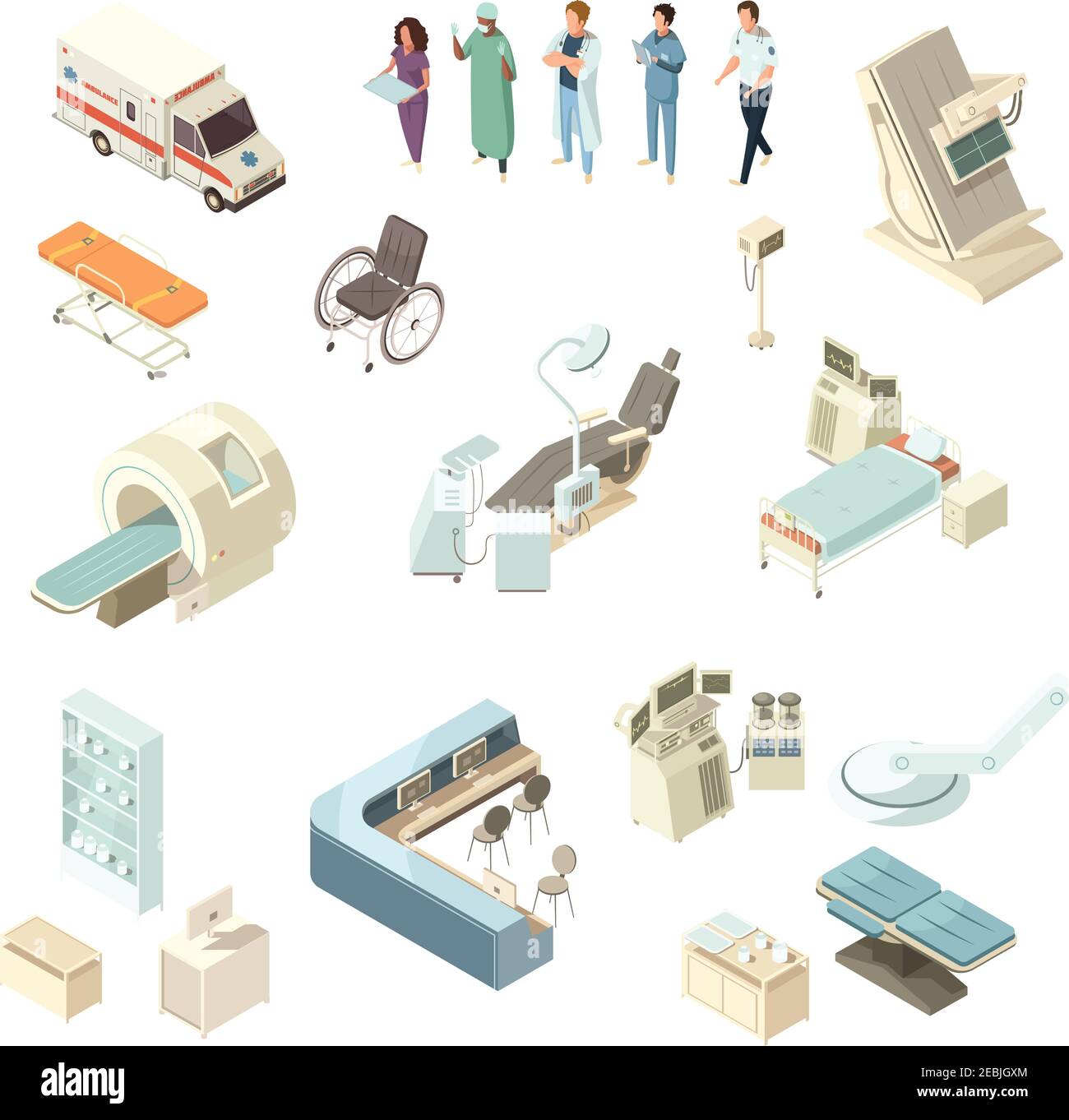 Isometric hospital icons set with different medical equipment doctors ...