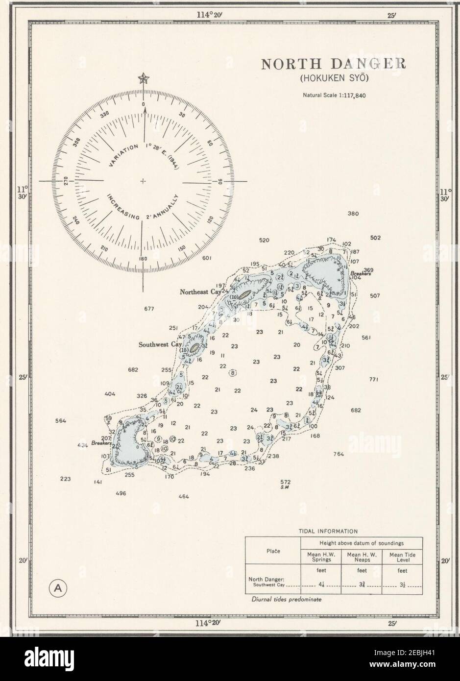North Danger Reef nautical chart of 1911 (cropped Stock Photo - Alamy