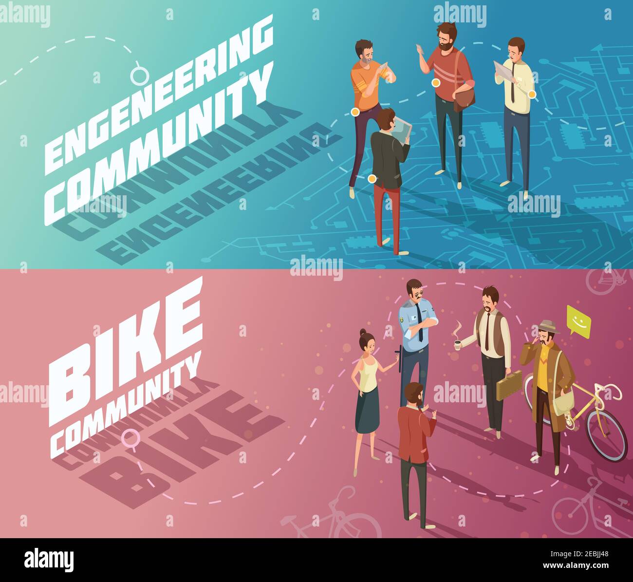 Horizontal isometric engineering and bike communities banners with ...