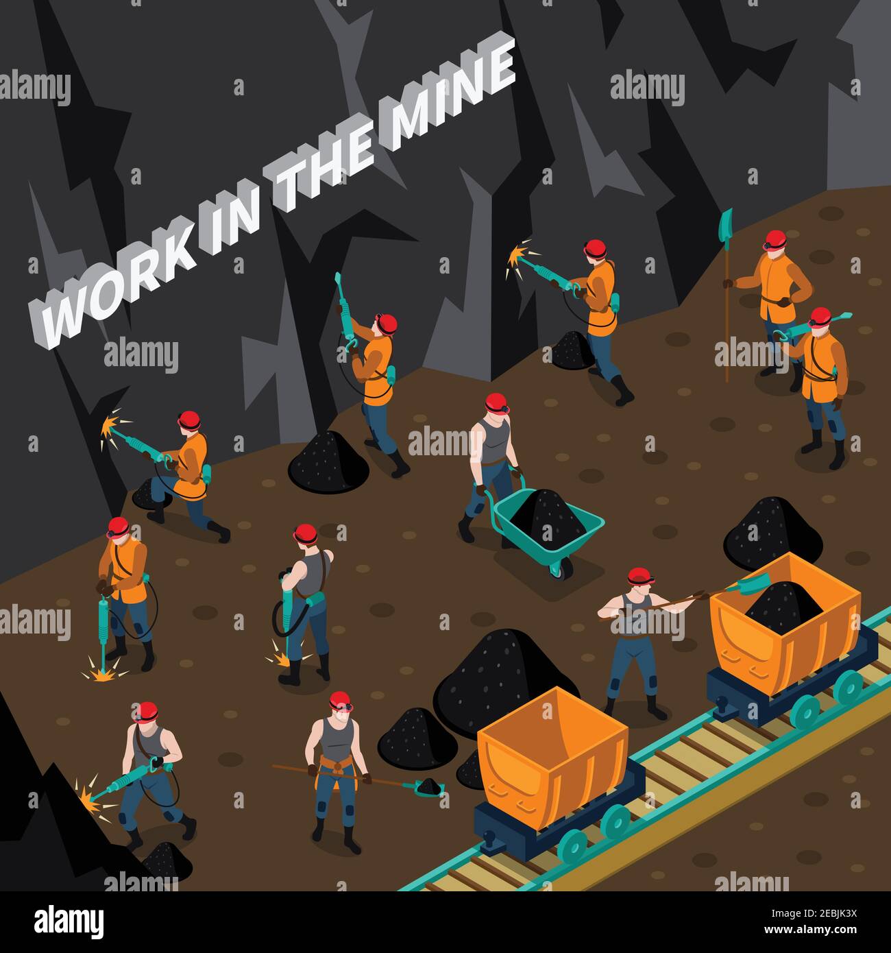 Coal industry isometric composition with miner people working in mine ...