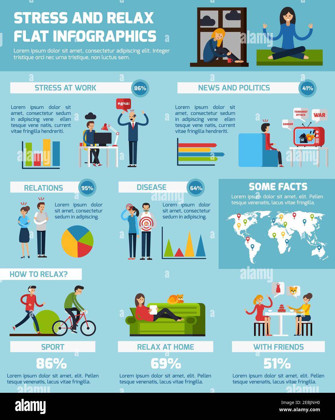 Stress and relax infographic set with work and relations symbols flat ...