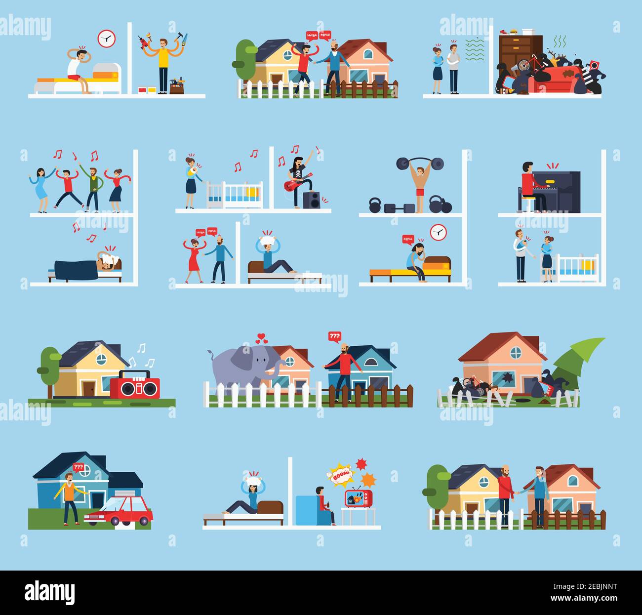 Conflicts with neighbors icons set with noise symbols flat isolated ...