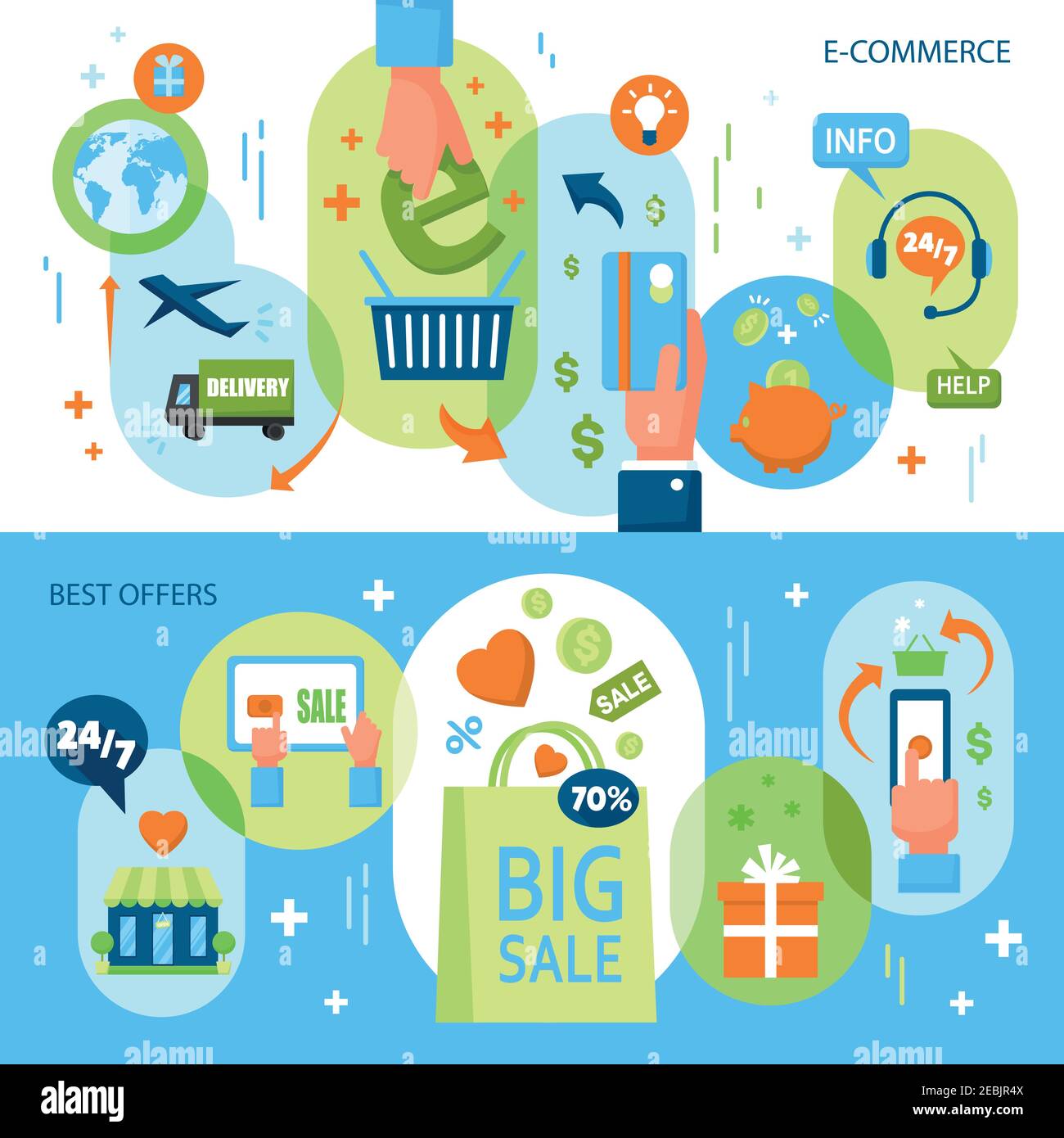 Online shopping horizontal banners with e-commerce colorful elements ...