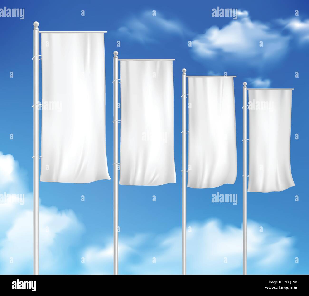 Four white blank pole flags set template for outdoor decor sale event ...
