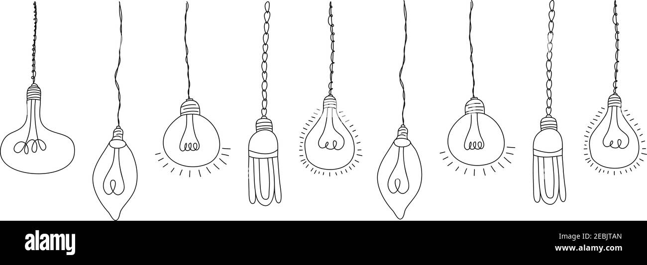 Set of Vector doodle illustration with hanging light bulbs. Modern ...