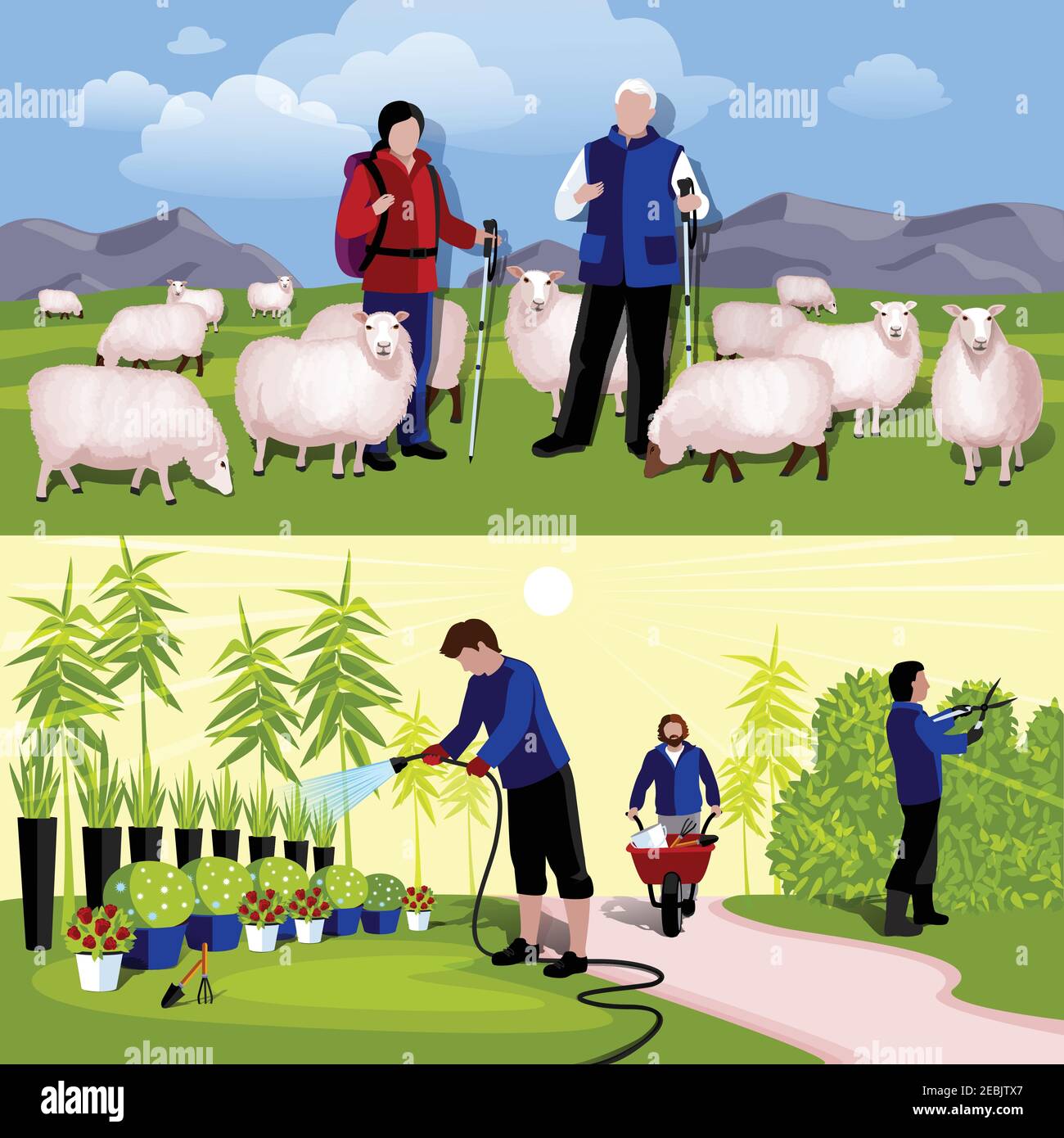 Cattle farm sheep tenders and decorative plants nursery workers 2 flat ...