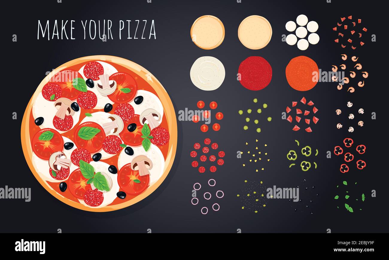 Pizza create decorative icons set with round pizza image and vegetable ...