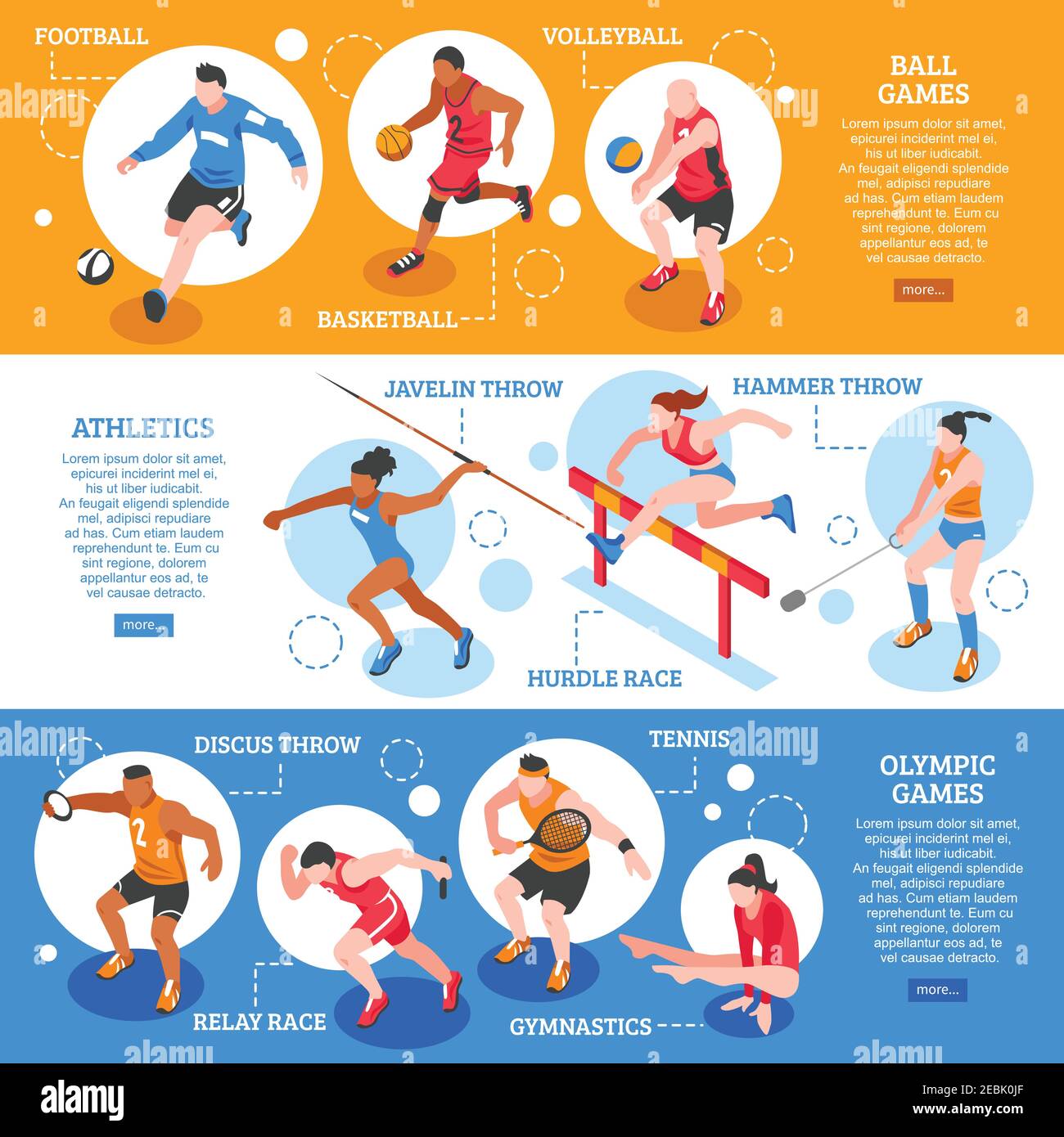 Sportsmen isometric horizontal banners with players and athletes of ...