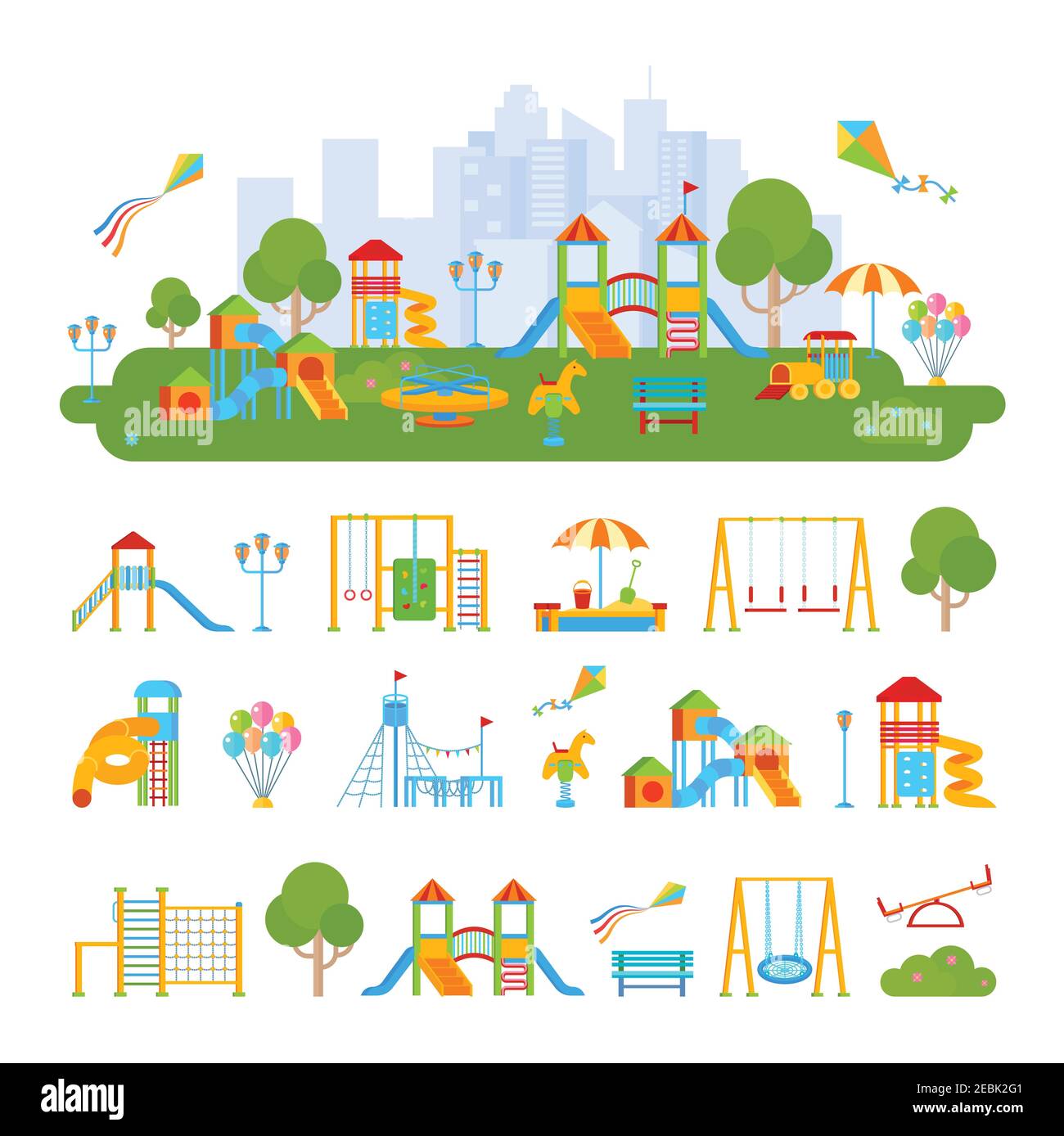Composition of flat playground scenery and isolated elements plants ...
