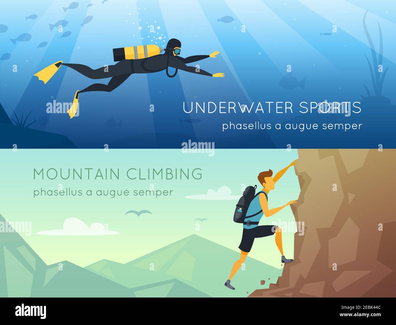 Extreme sports 2 flat horizontal banners banners with underwater diving ...