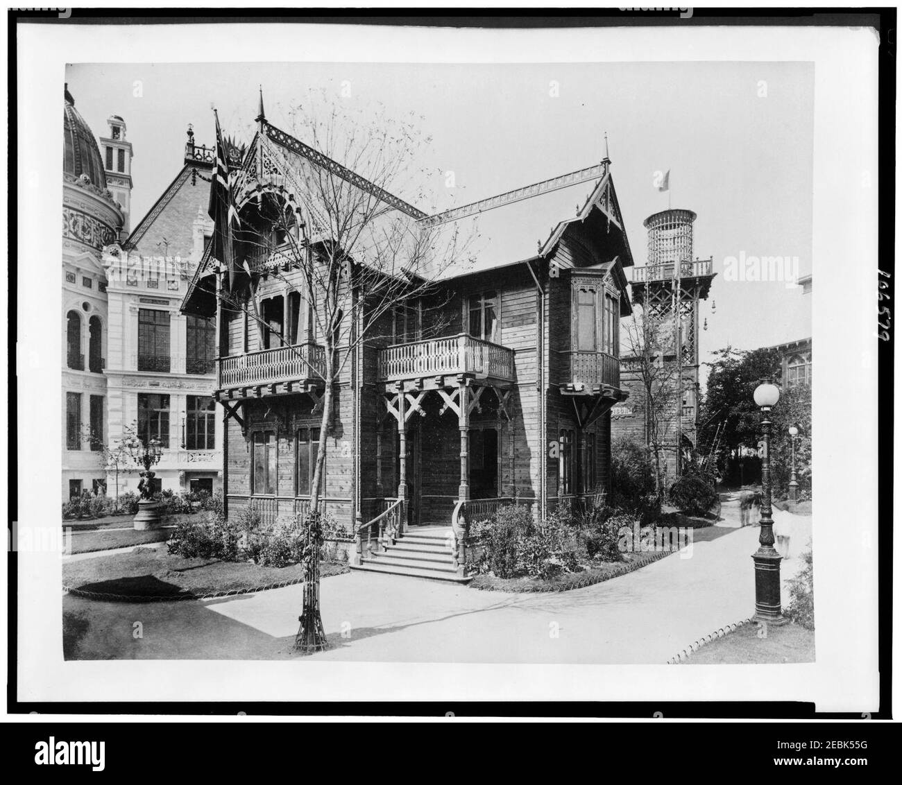 Norwegian chalet in front of the Telephone Building (with tower), Paris ...