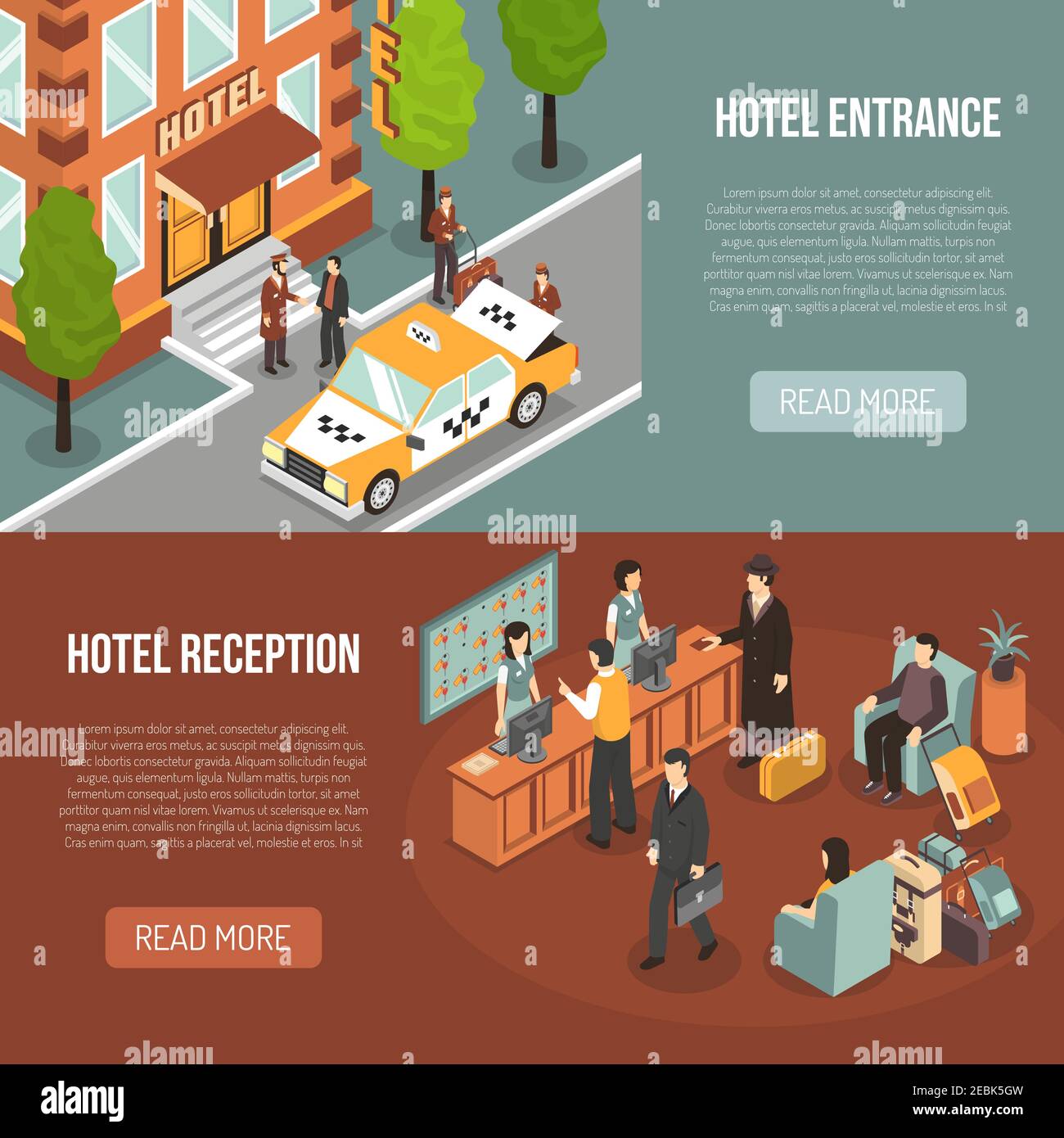 Hotel information 2 horizontal isometric banners webpage design with ...