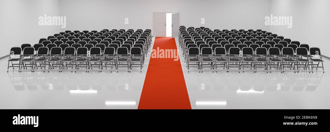 conference room full of chairs with a red carpet in the middle and a ...