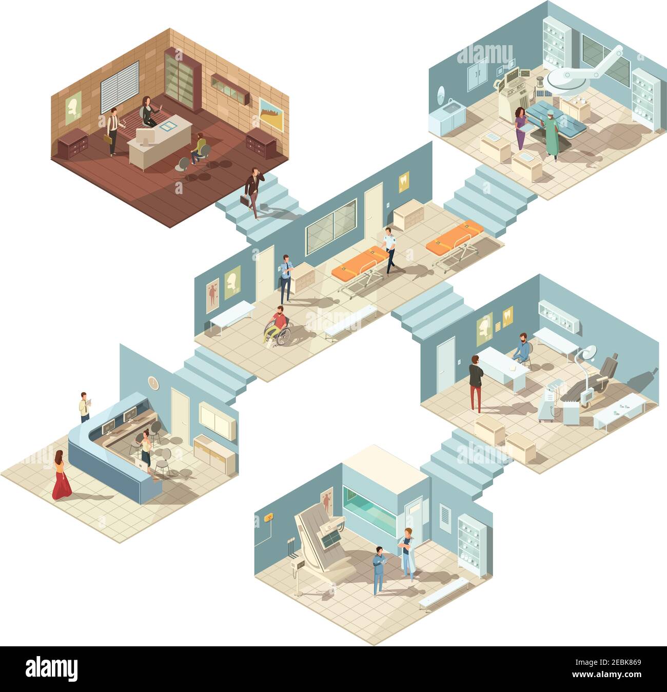 Isometric hospital building concept with doctors patients and equipment ...