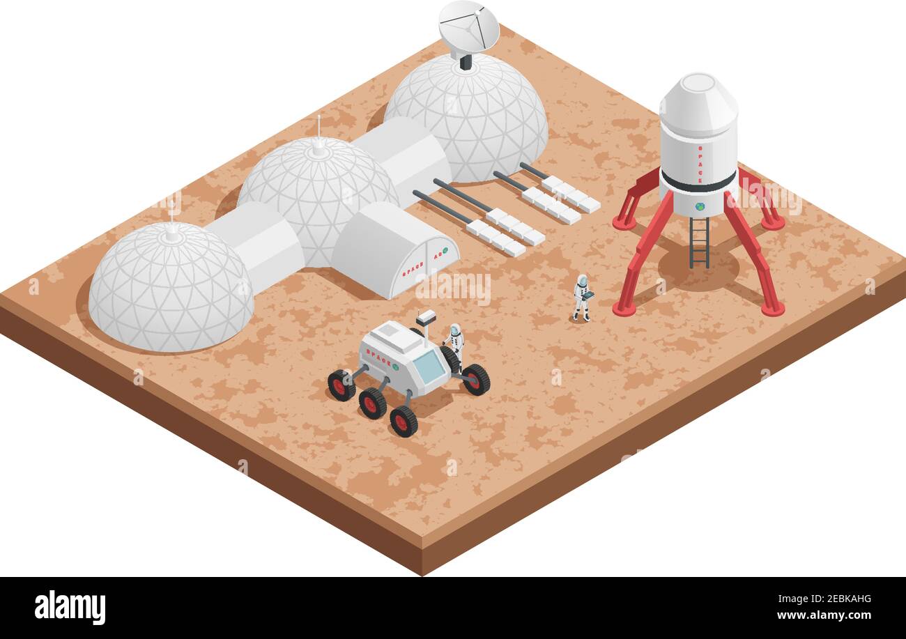 Colored rocket space isometric composition with platform for launching ...