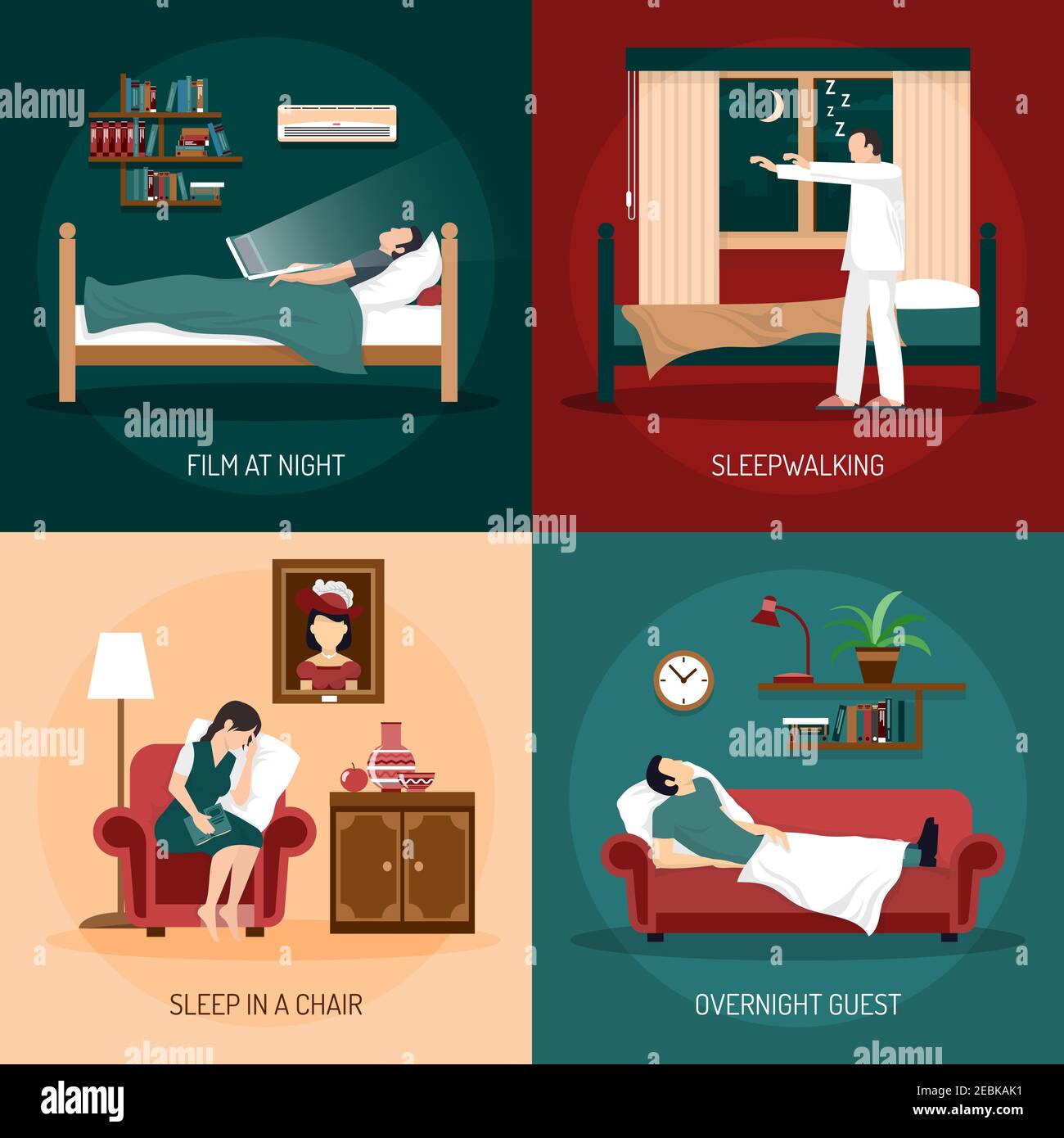 Sleeping poses design concept with sleepwalking sleep in chair ...