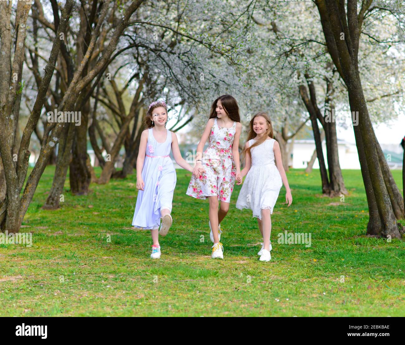 Three beautiful girls in retro dresses for a walk in a flowered garden ...