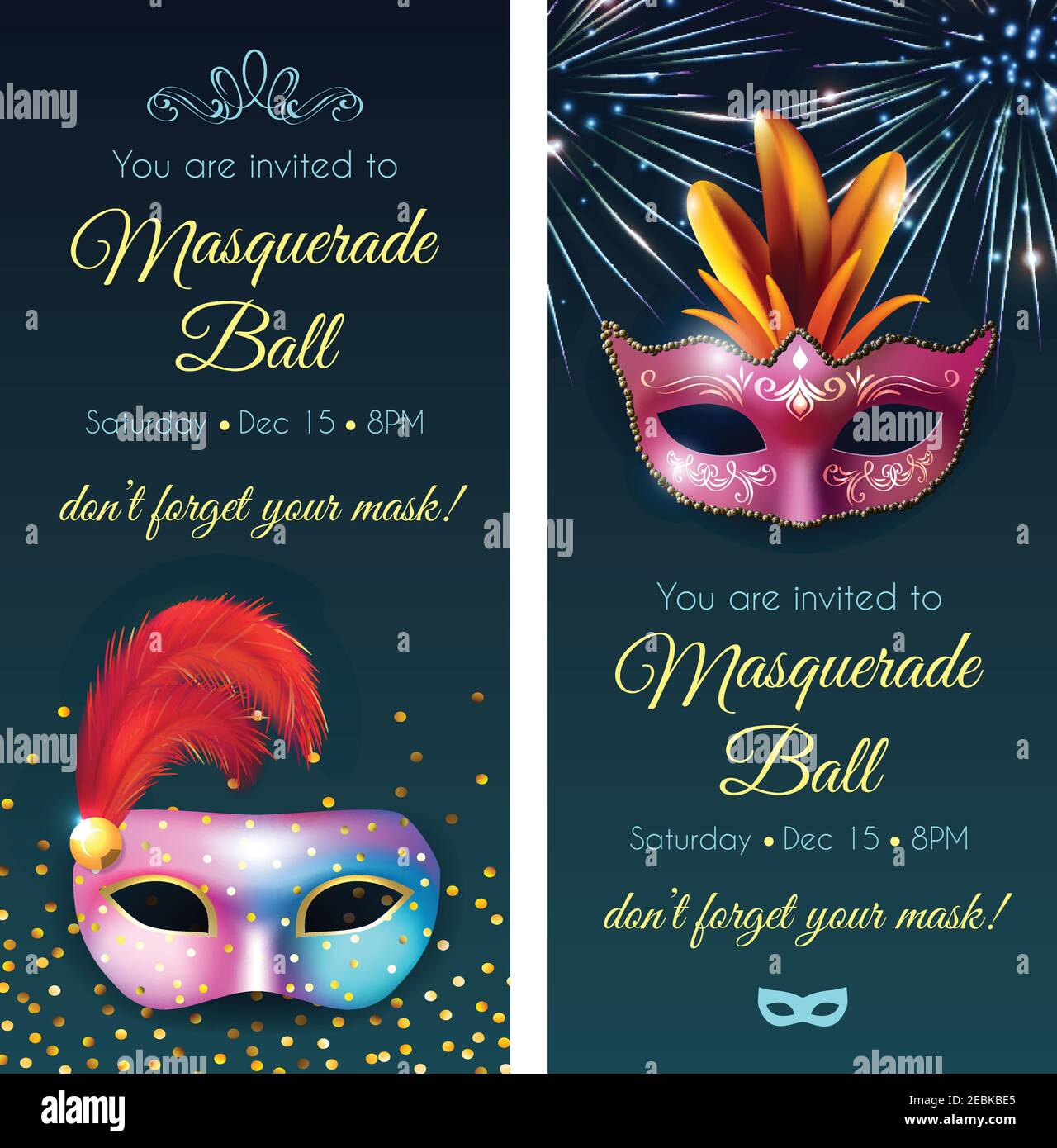 Masquerade invitation party vertical flyer banners set with realistic ...