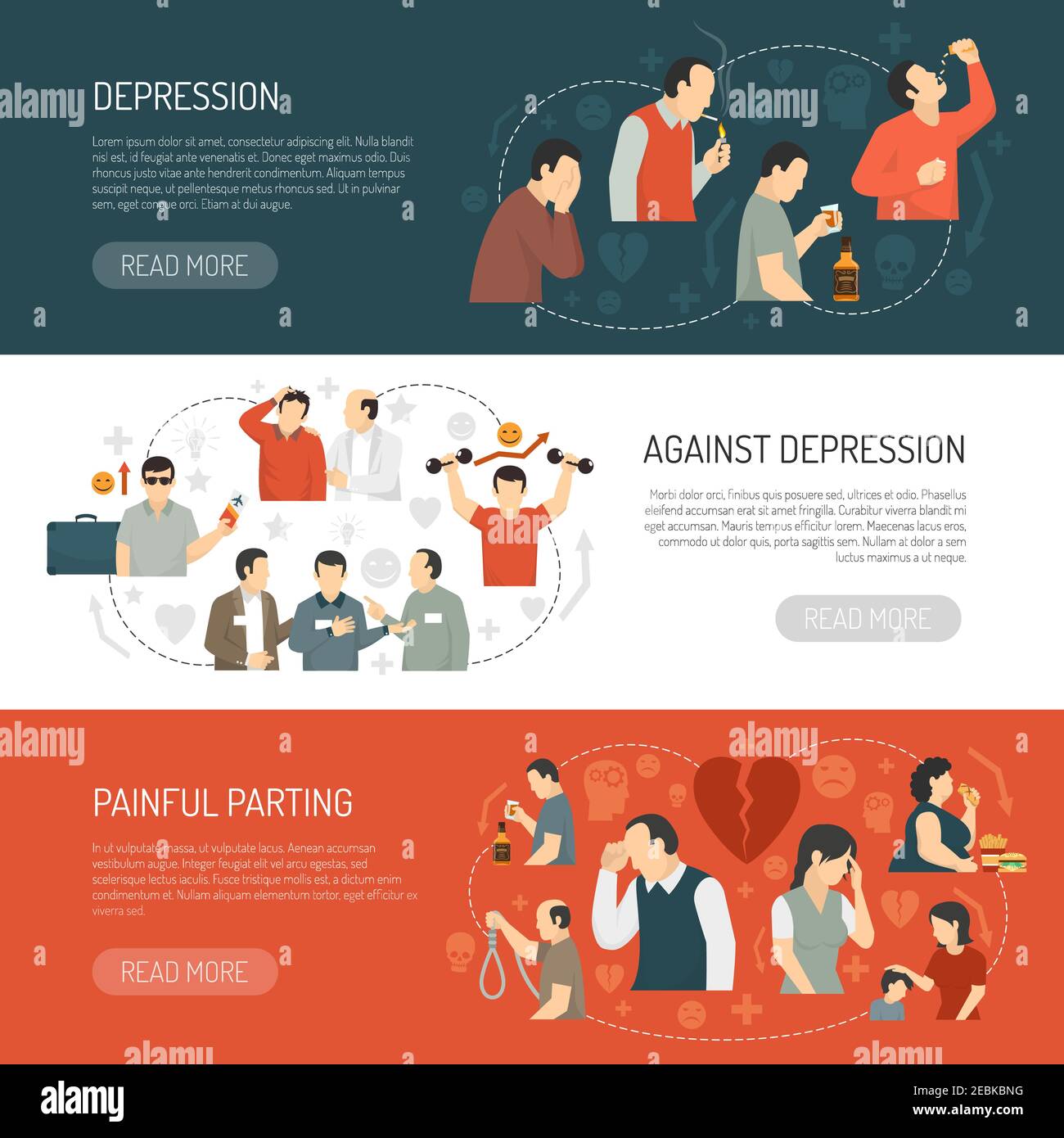 Depression horizontal banners with decorative icons describing causes ...