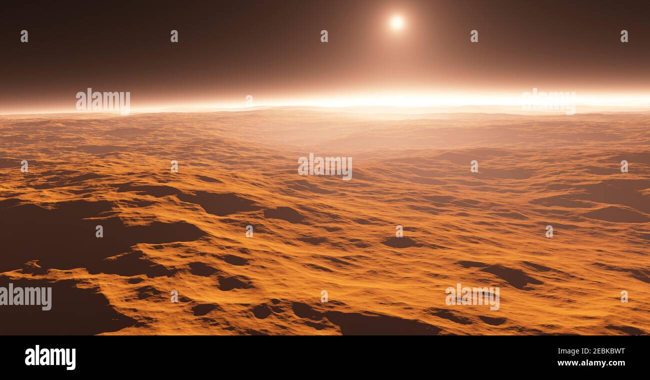 Mars - the red planet. Martian surface and dust in the atmosphere. 3D ...