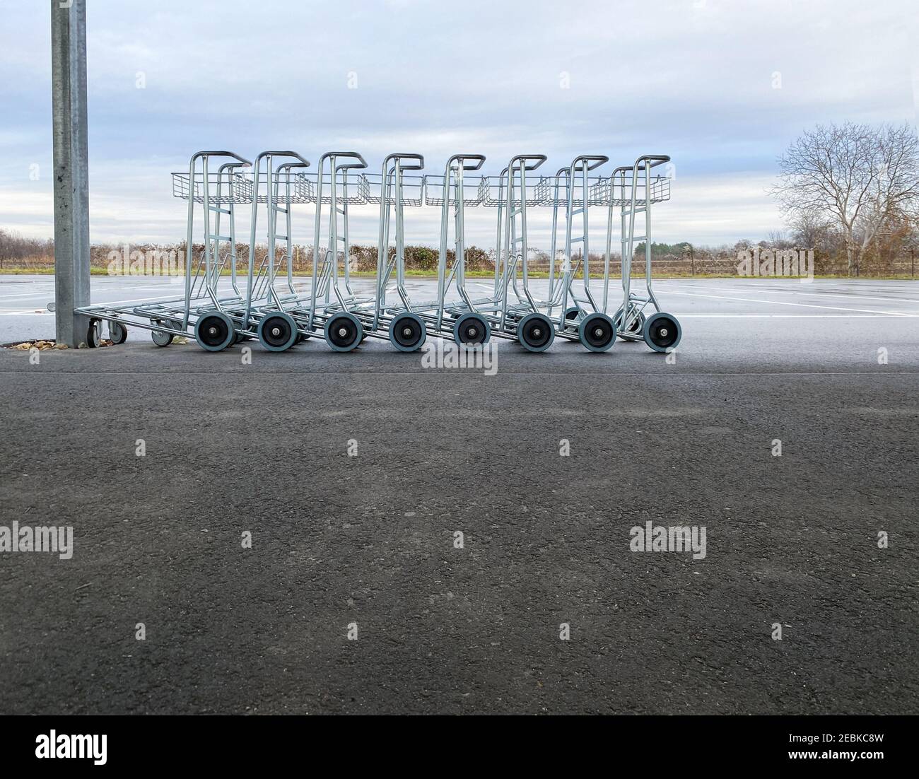 several carts for transporting luggage at an empty bus station Stock ...