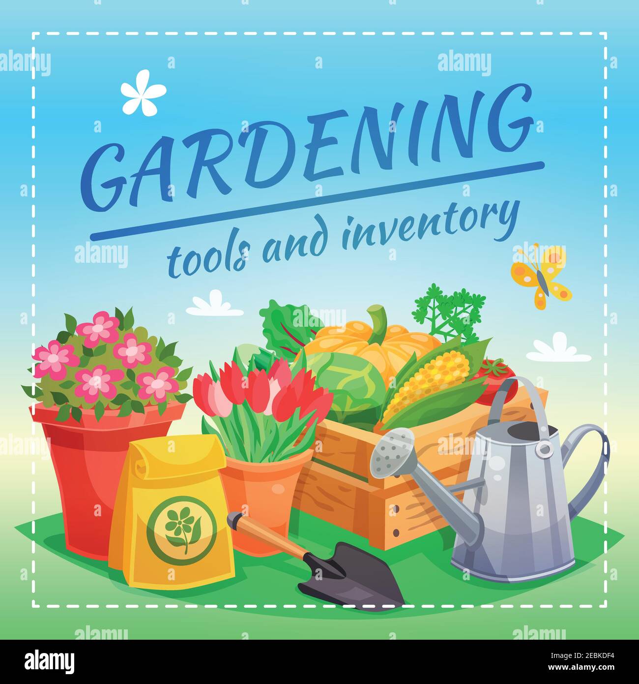 Gardening tools and inventory design concept with package of fertilizer ...