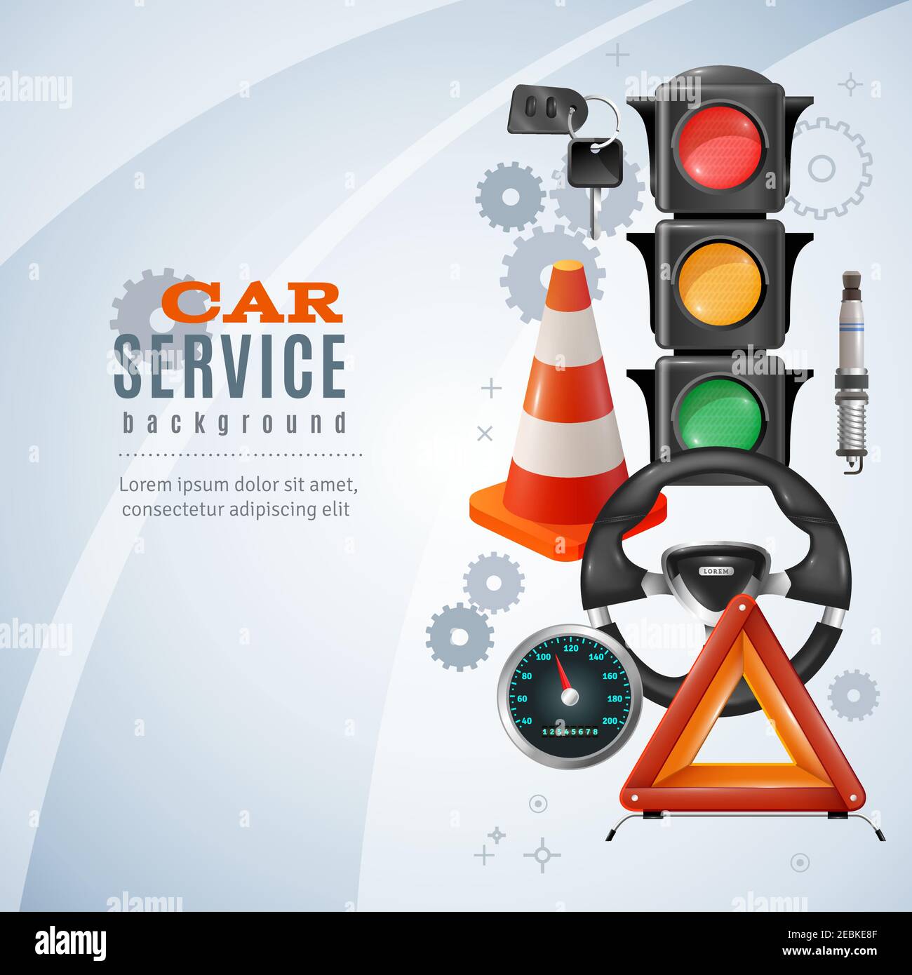 Car service realistic background with traffic lights and steering wheel ...