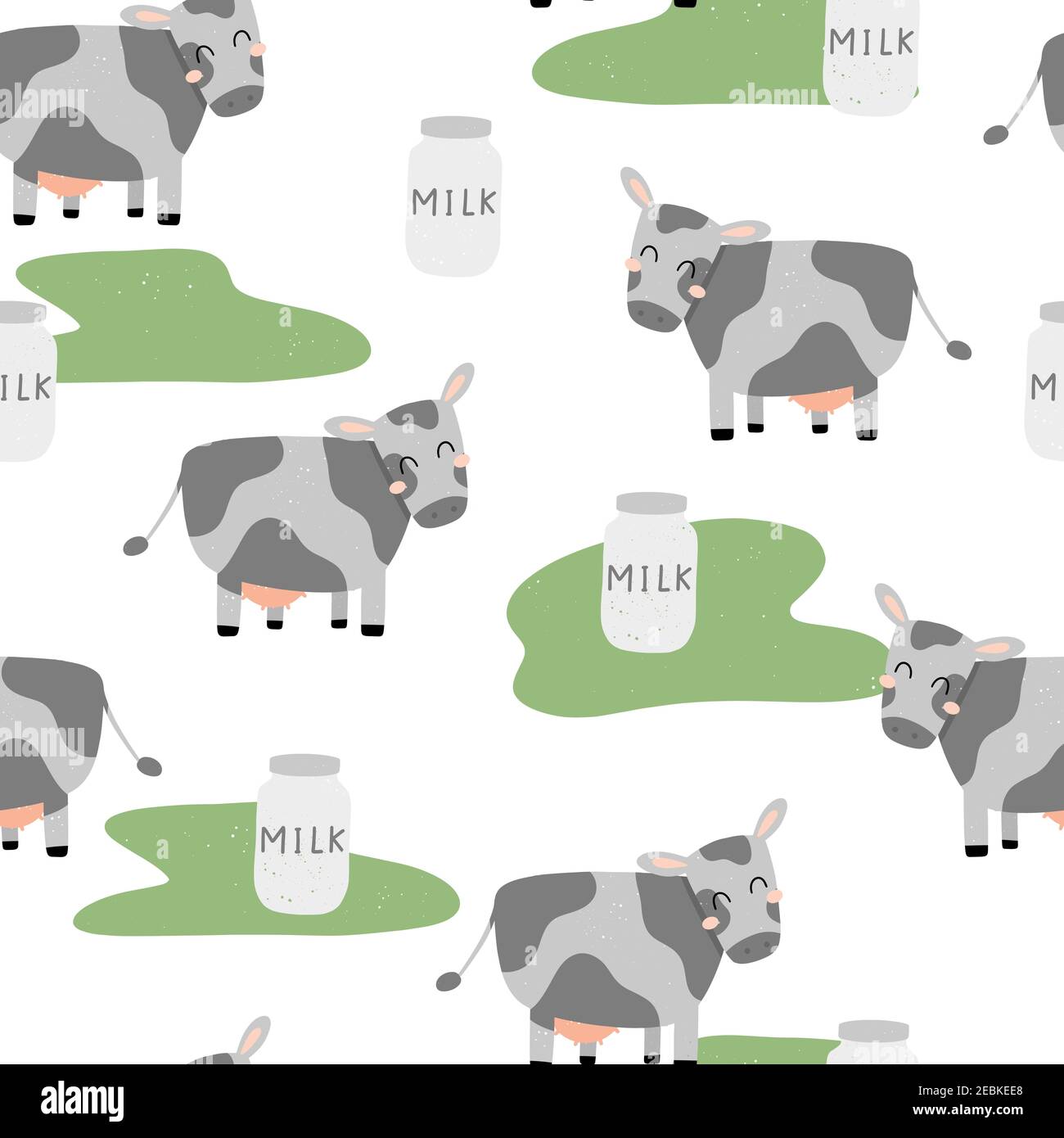 Cute cow seamless patter with animal character and milk bottle isolated ...