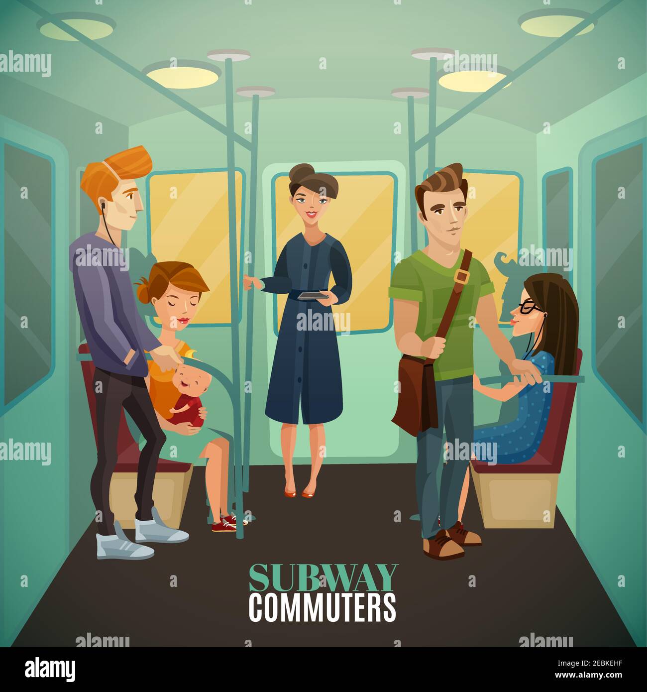 Subway commuters background with underground travel and train interior ...