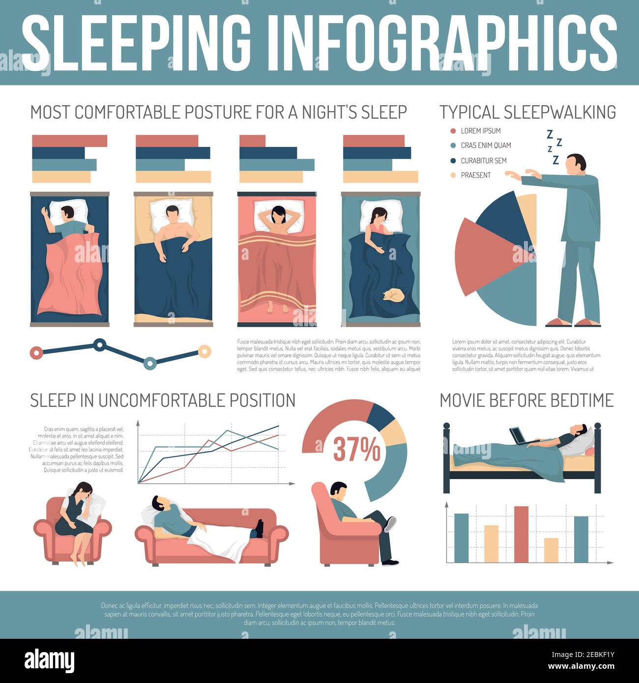 Sleeping infographics layout with information about most comfortable ...